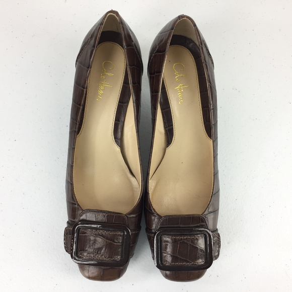 Cole Haan | Shoes | Cole Haan 65 Brown Leather Croc Embossed Heels ...
